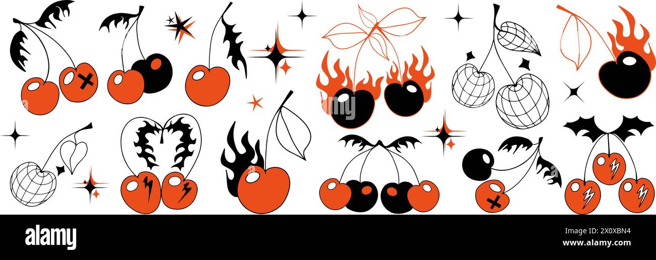 Cherry set y2k 90s style. Cherry with burn fire flame, Disco mirror ...