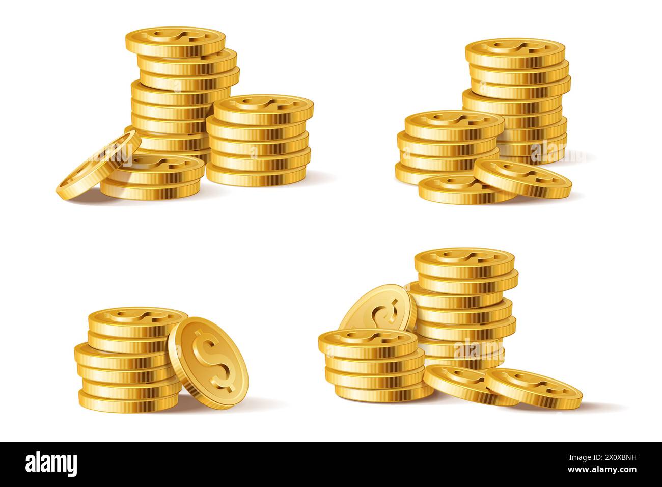 Golden coins stack. 3D Realistic shiny gold coin pile. Money stacks financial elements for ...