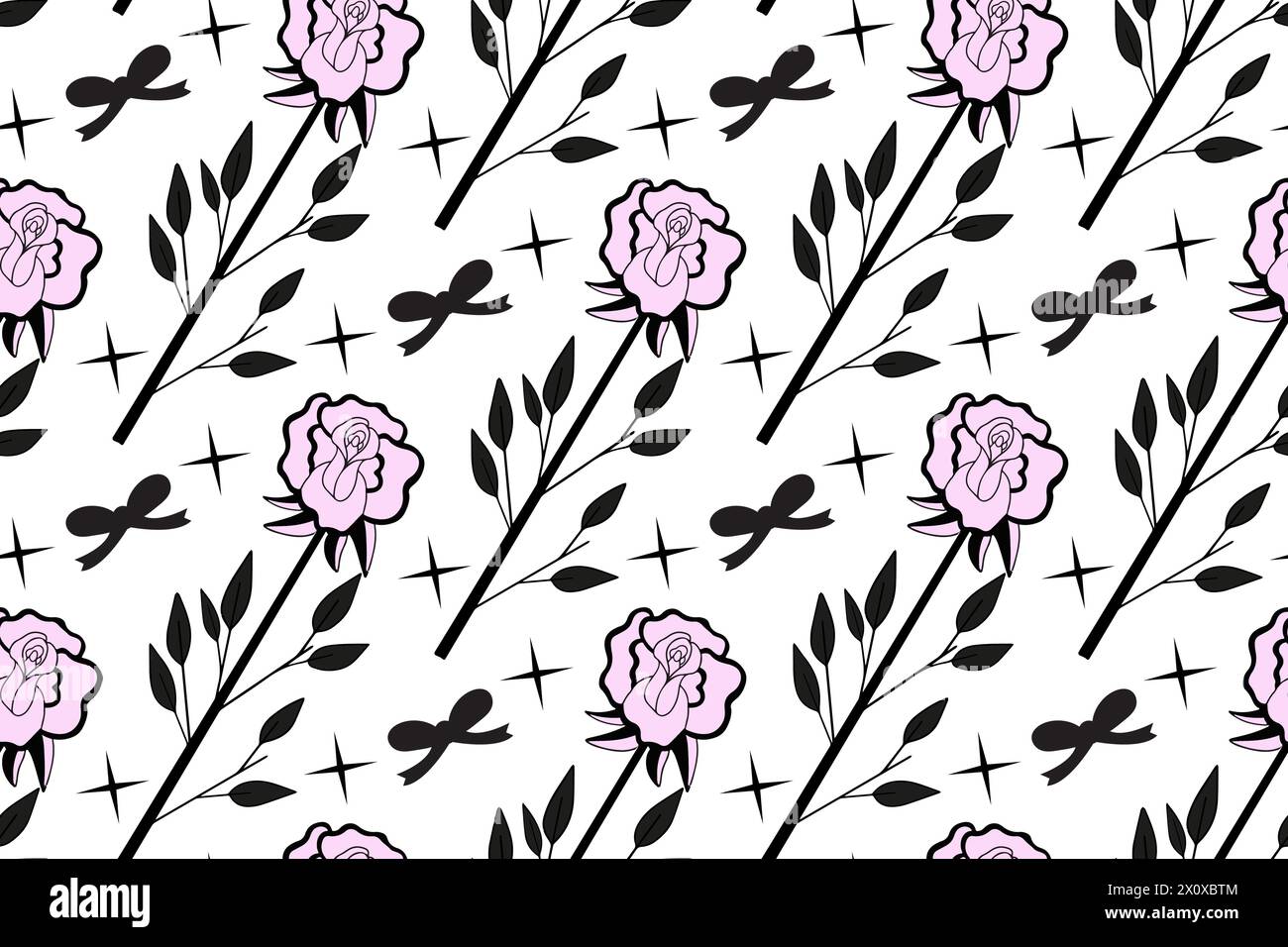 Cute emo roses black and white seamless pattern y2k, Hand drawn girly ...