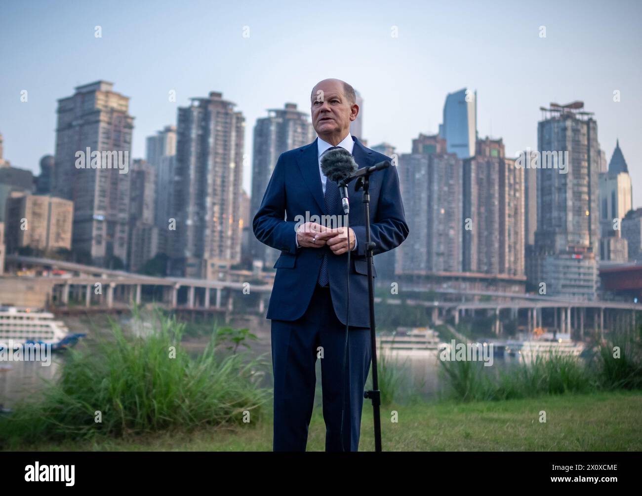 14 April 2024, China, Chongqing: Chancellor Olaf Scholz (SPD) makes a ...