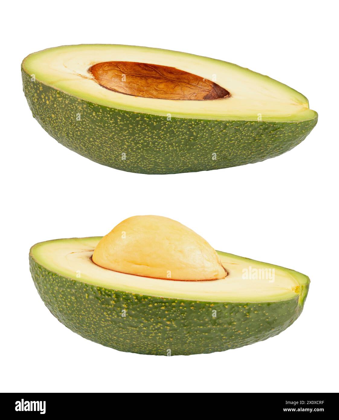 Two slices of avocado isolated on the white background. One slice with ...