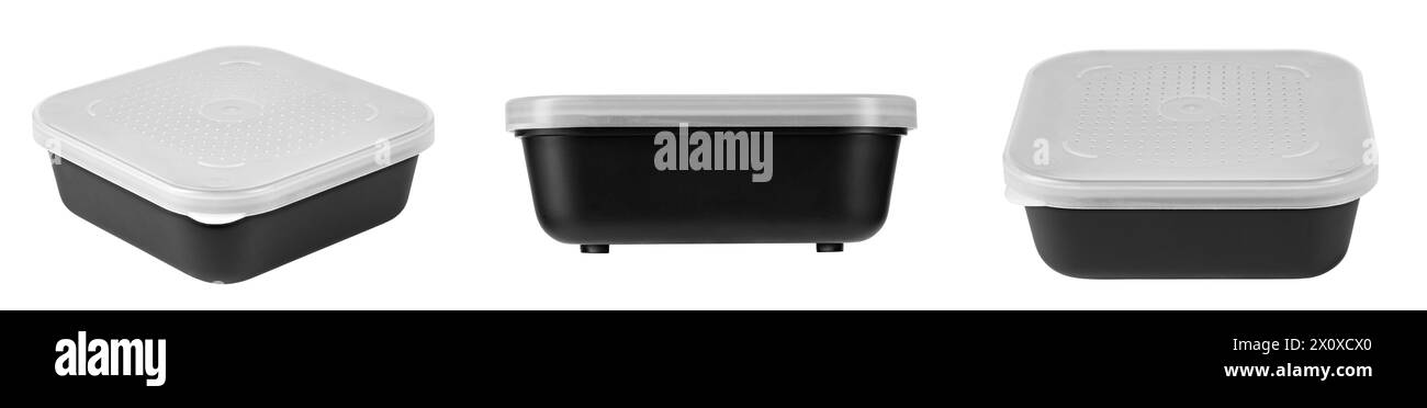 Collection of closed black plastic boxes with a white lid isolated on a ...