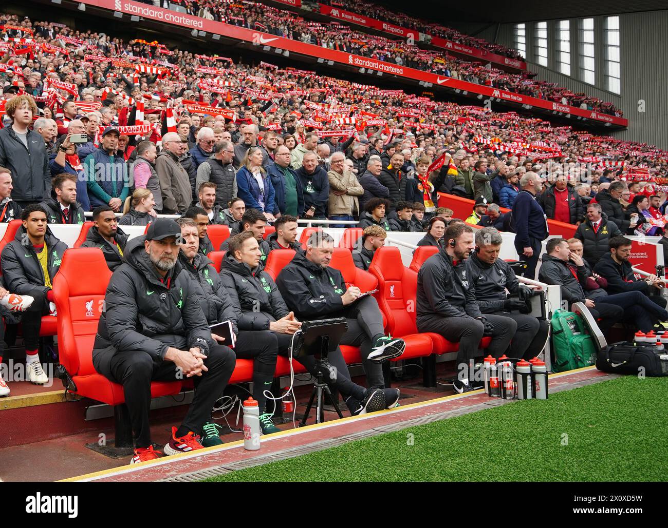 The Liverpool bench ahead of the Premier League match at Anfield ...
