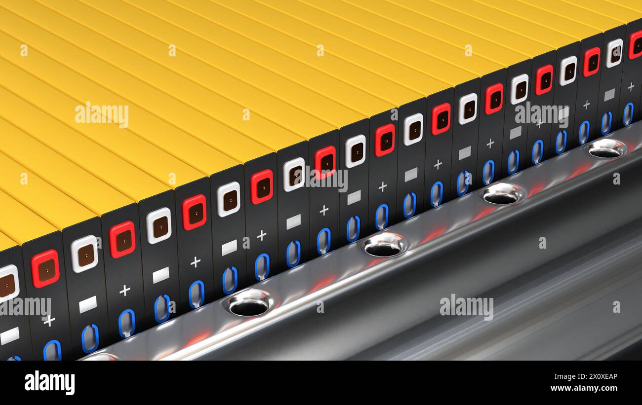 Closeup Prismatic High-capacity Battery pack for electric vehicles on ...