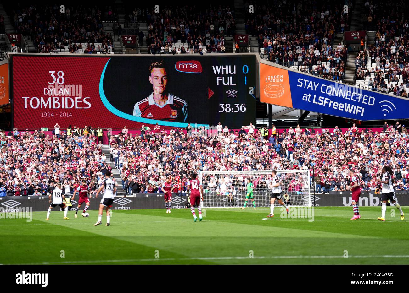 A tribute to former West Ham United player Dylan Tombides is shown on ...