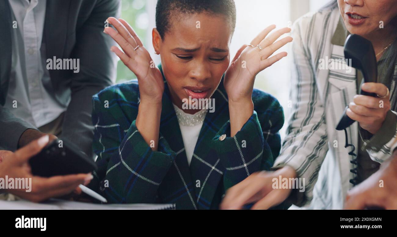 Headache, chaos and business woman stress for time management mistake ...