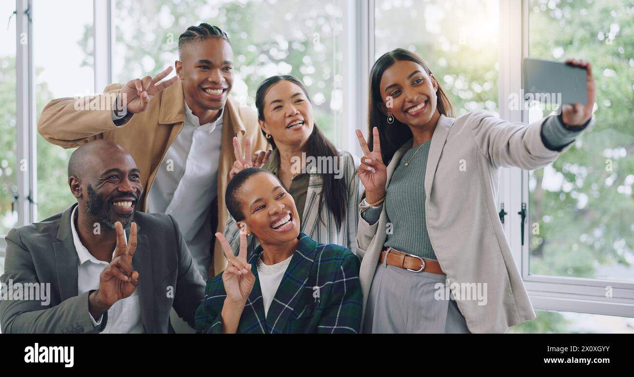 Employees, selfie and smile with peace sign at office for profile photo ...