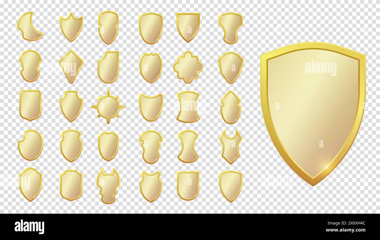 Set of realistic golden heraldic shields. Glass and glossy shield ...