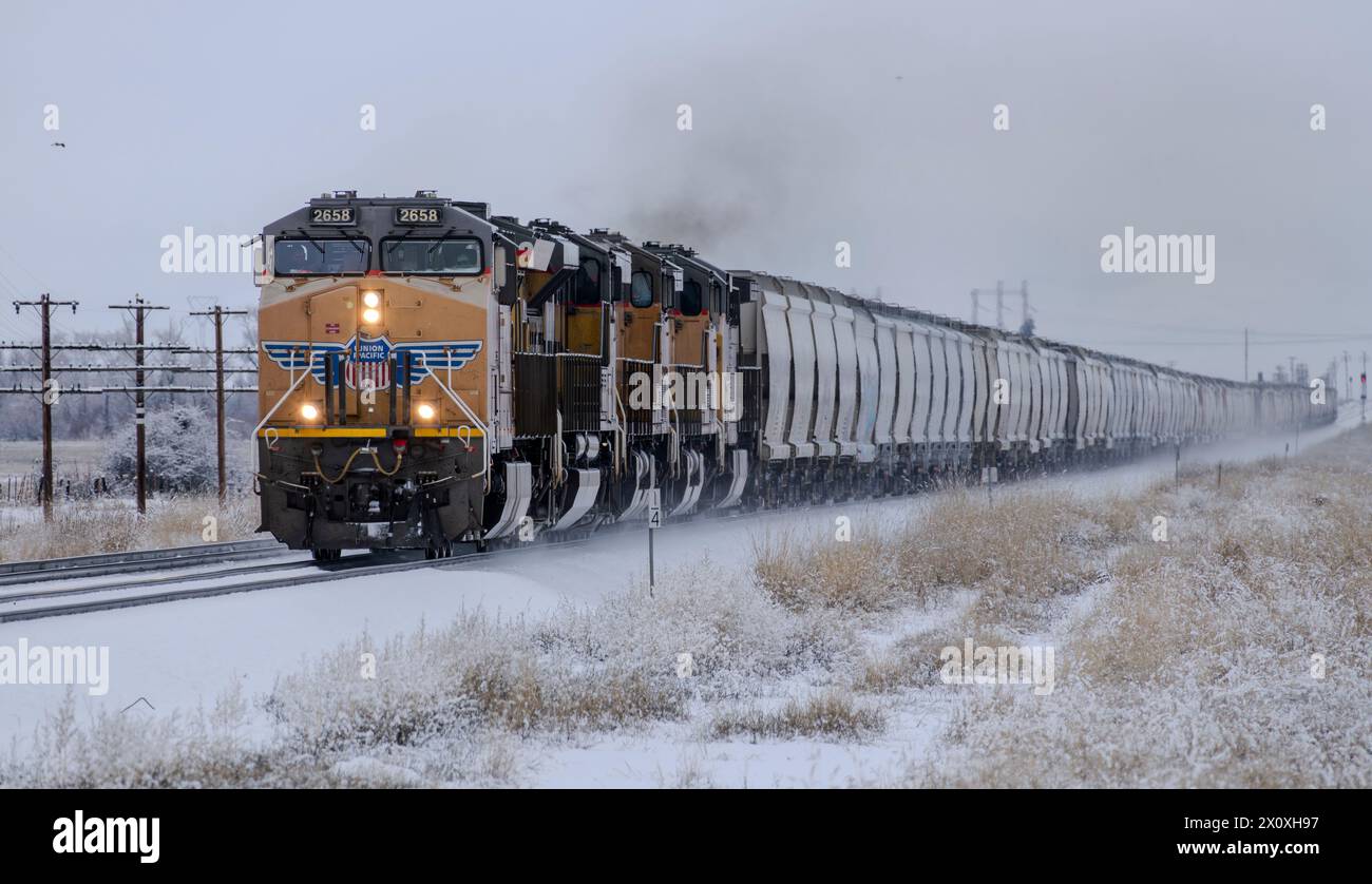 A Union Pacific freight train at speed near Dingle Idaho Stock Photo ...