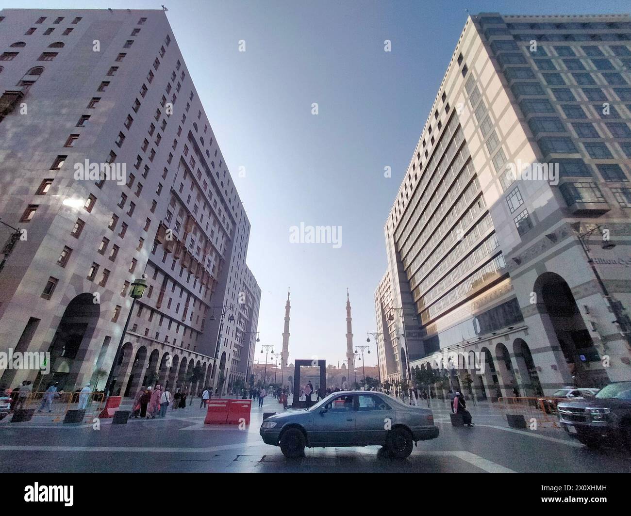 View of the landscape around the Nabawi mosque in the morning with two ...