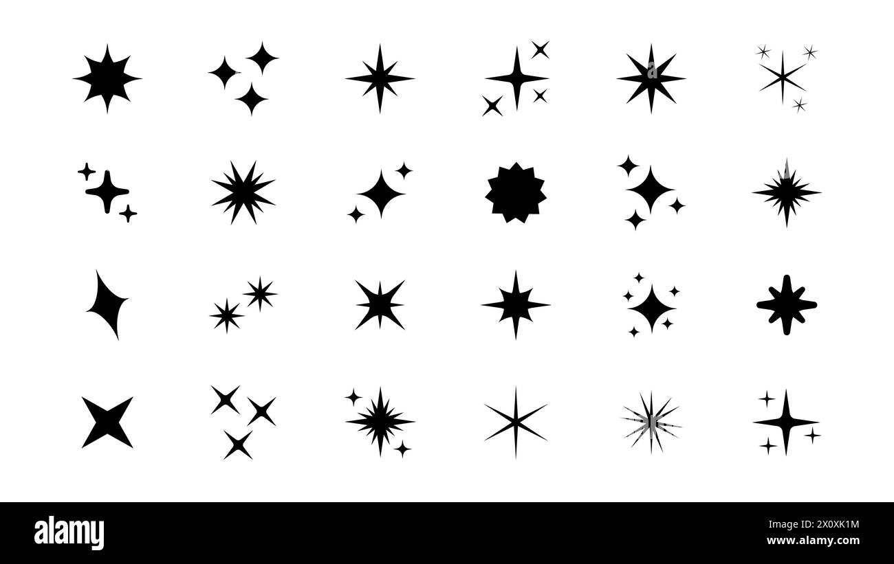 Set of original star sparkle shapes. Abstract shine effect vector sign. Retro futuristic bright ...