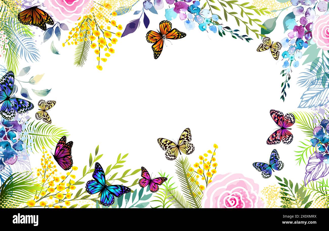 Horizontal floral frame with with butterflies. Spring wreath of the ...