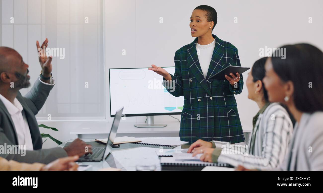 Business, presentation and woman coaching with pitch for ideas, growth ...