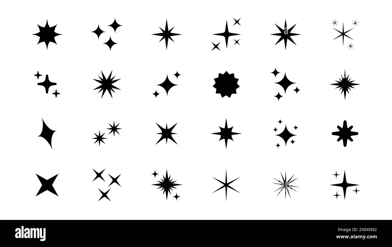 Set of original star sparkle shapes. Abstract shine effect vector sign. Retro futuristic bright ...