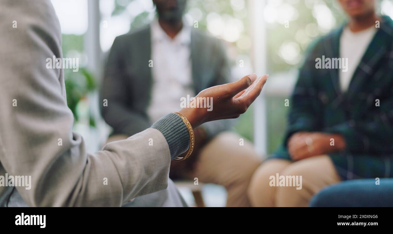 Psychology, hands and people in support group for therapy, depression ...