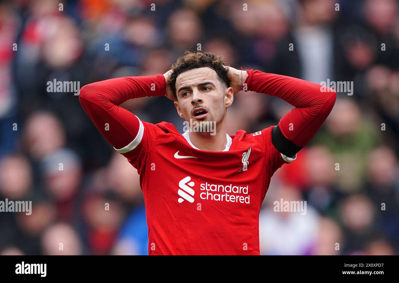 Liverpool's Curtis Jones reacts during the Premier League match at ...