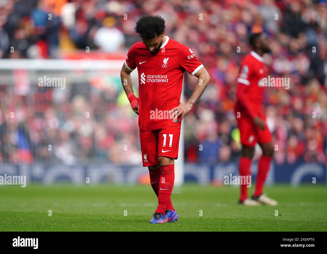 Liverpool's Mohamed Salah reacts during the Premier League match at ...