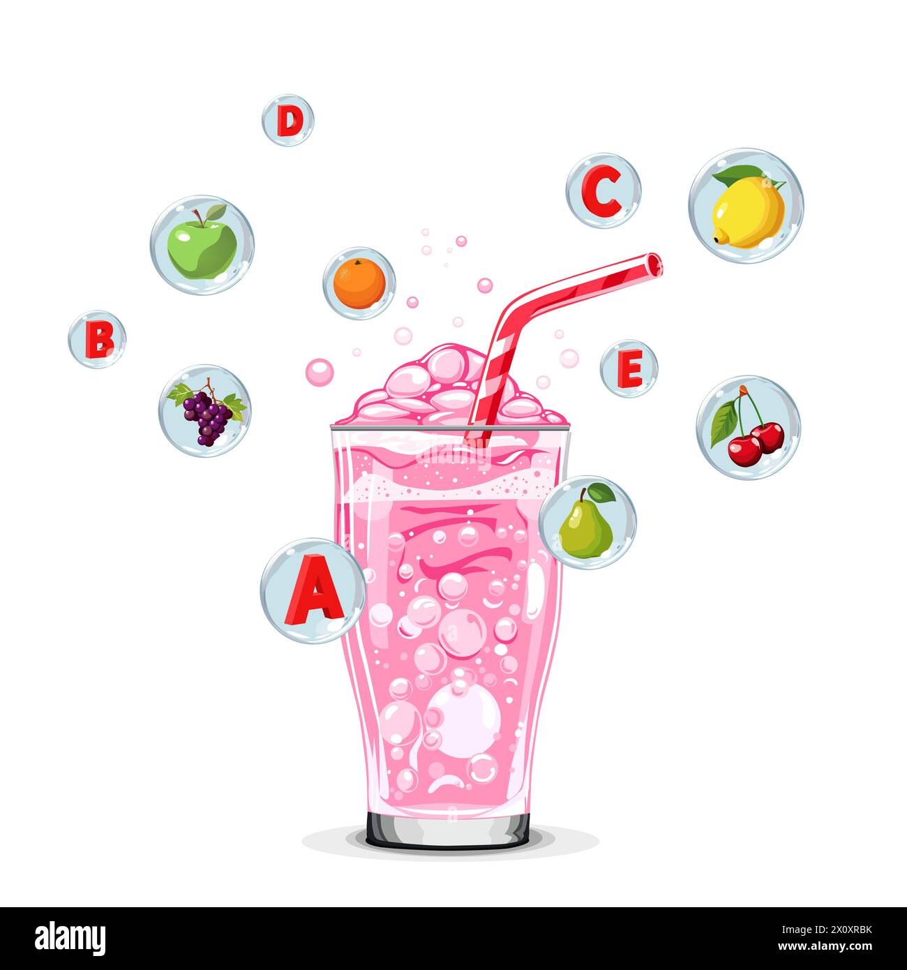 Healthy pink oxygen cocktail with fruit in air bubbles. Isolated vector ...