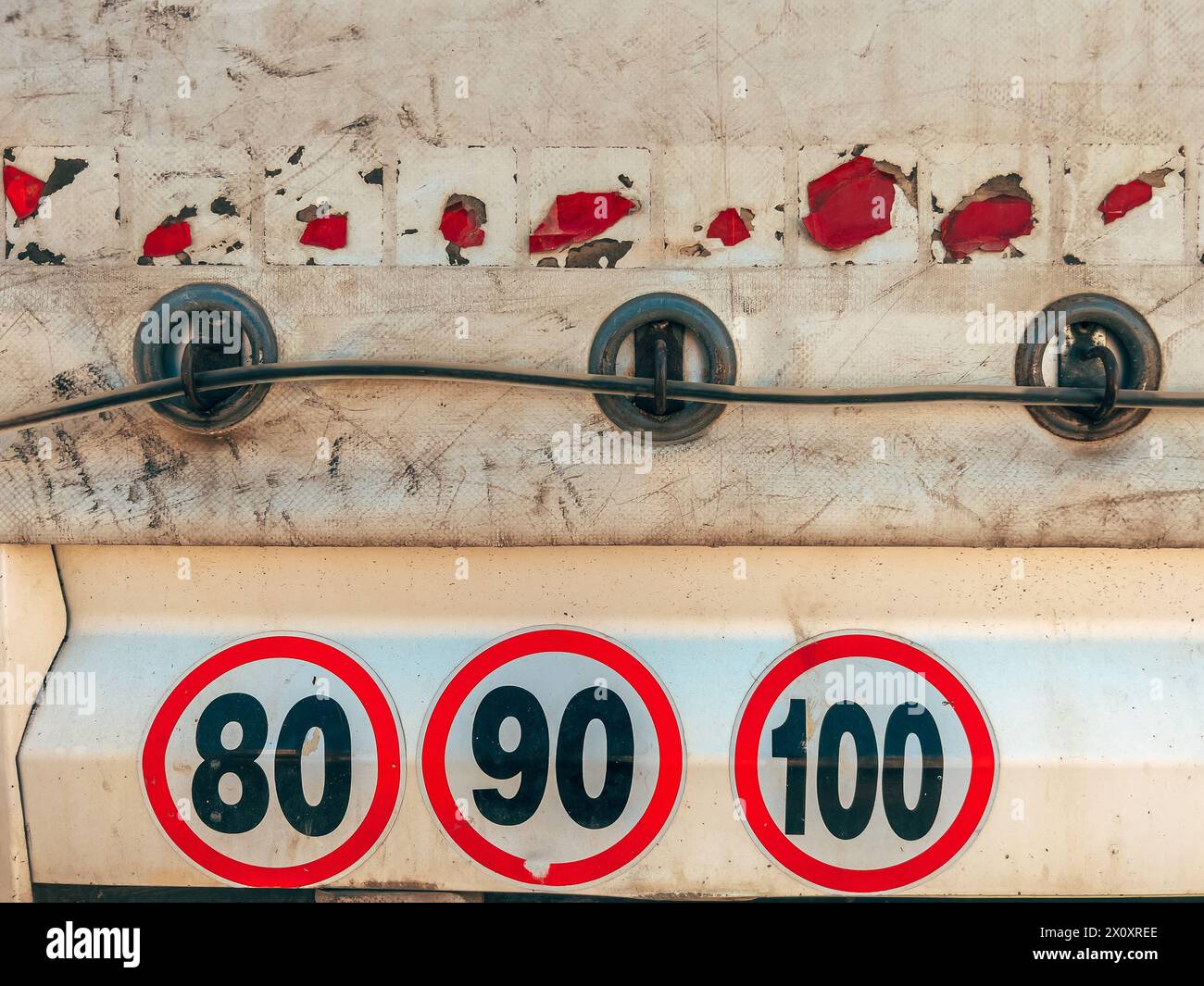 Traffic speed limit sign stickers on truck trailer, transportation and ...