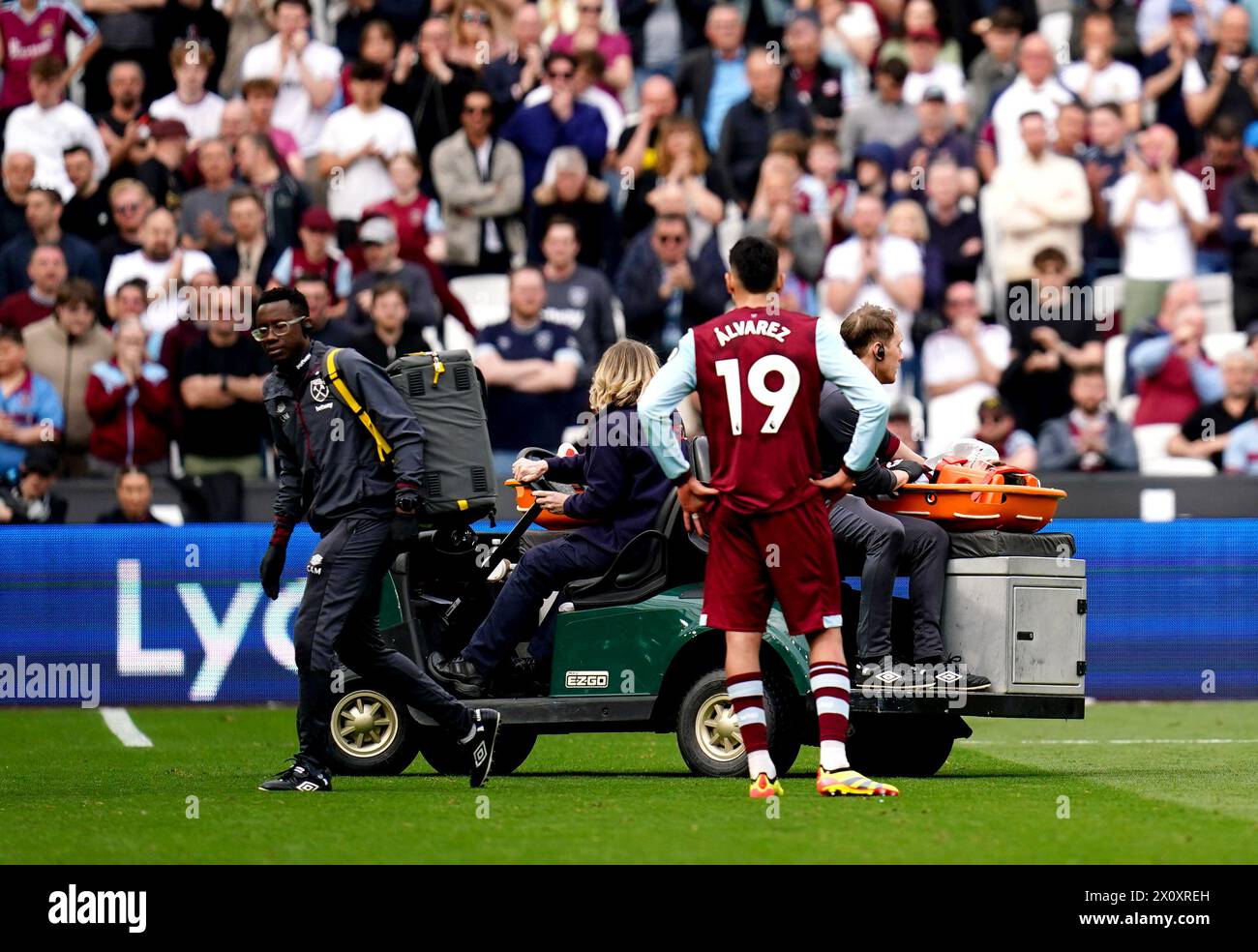 West Ham United's George Earthy leaves the pitch on a stretcher after ...