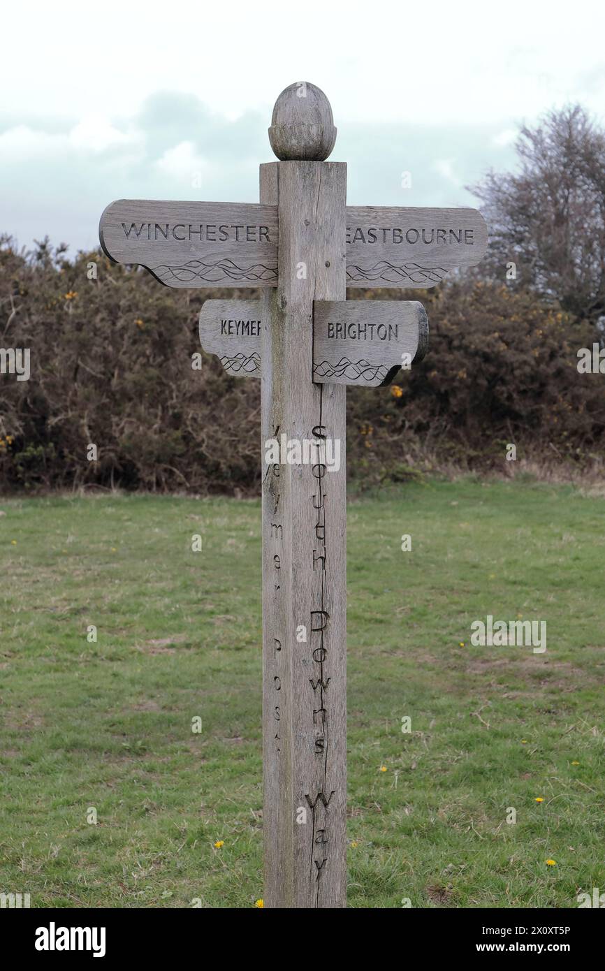 A wooden signpost on the South Downs Way near Ditchling, East Sussex ...