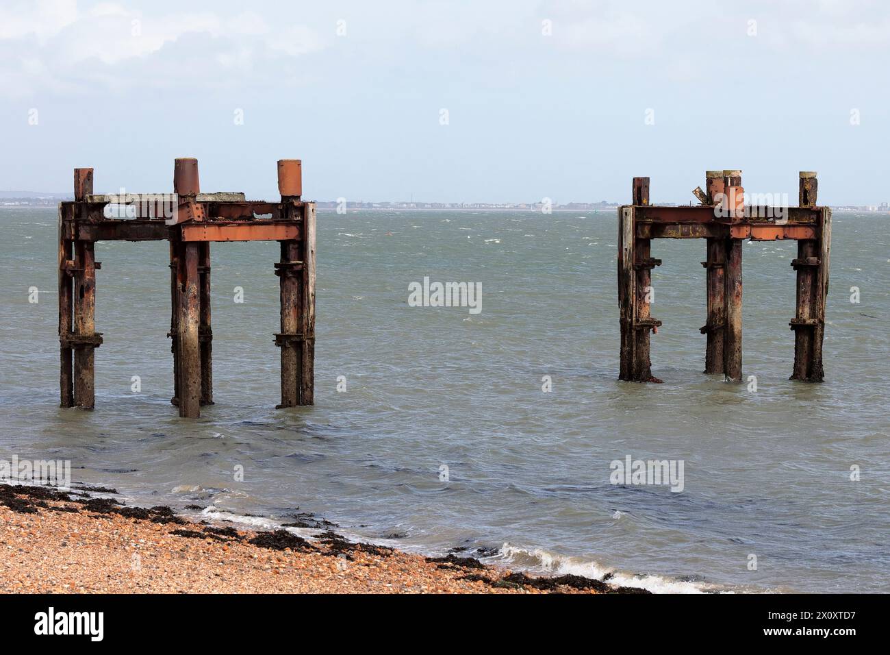 Two rusting mooring dolphins from World War Two, originally used to ...