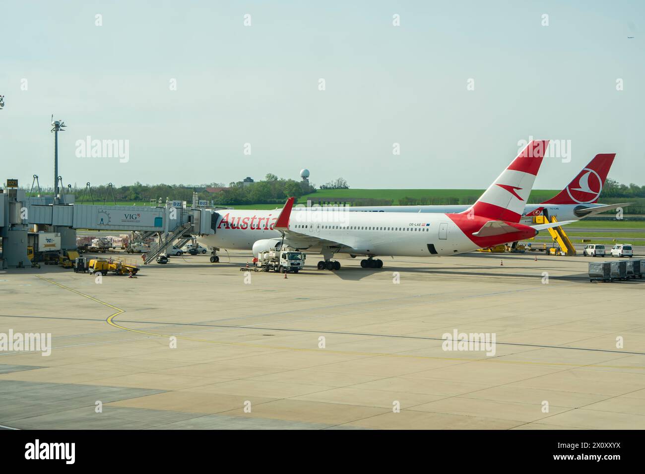 Airport apron with an Austria Airlines plane; Austria, Vienna, April 09 ...