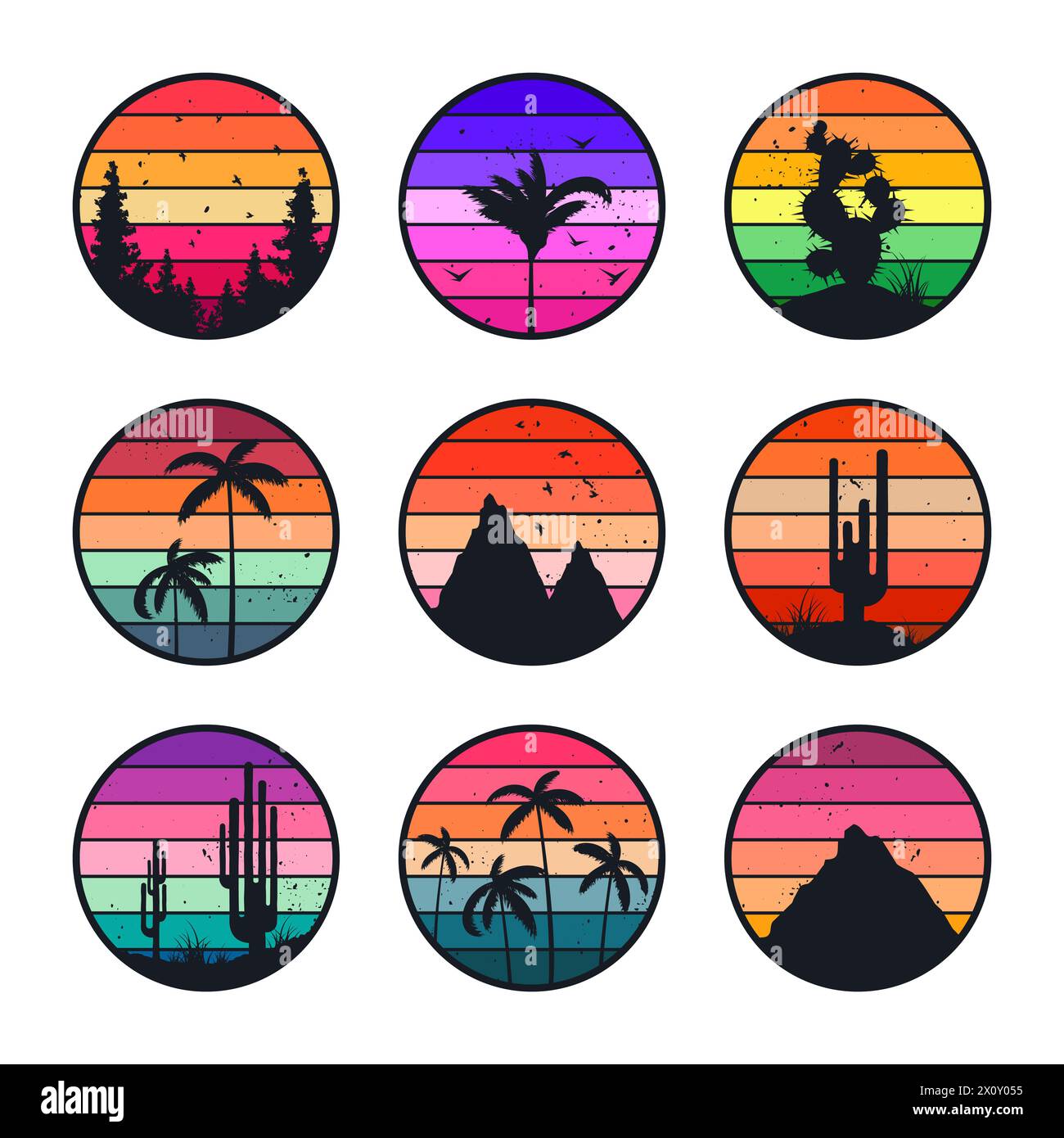 Grunge vintage sunset collection. Colorful striped sunrise badges in ...