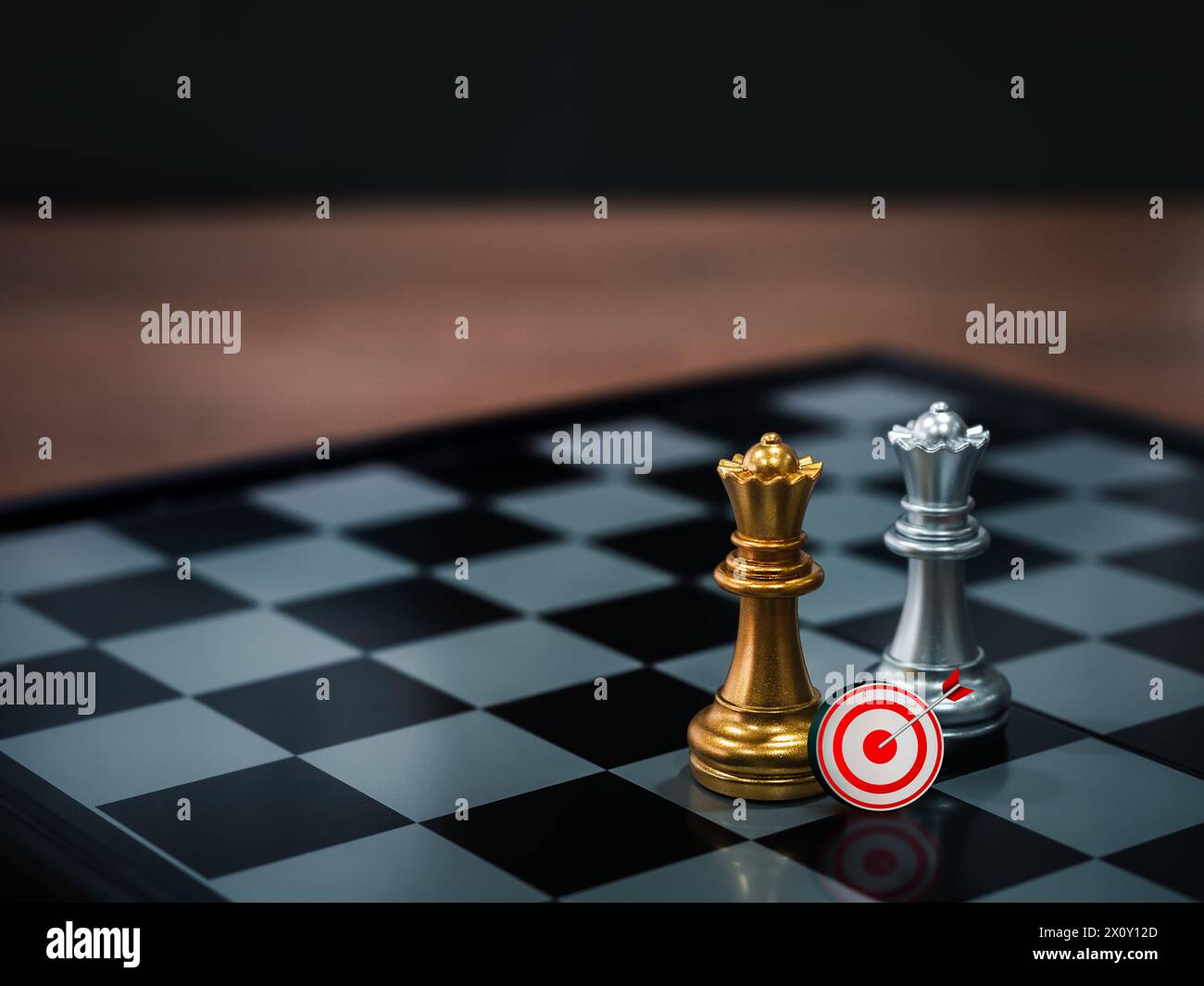 3d target icon with golden and silver queen chess pieces standing ...
