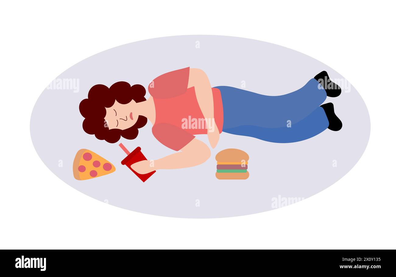 Eating disorder. Woman is lying on the floor with fast food. Overeating ...