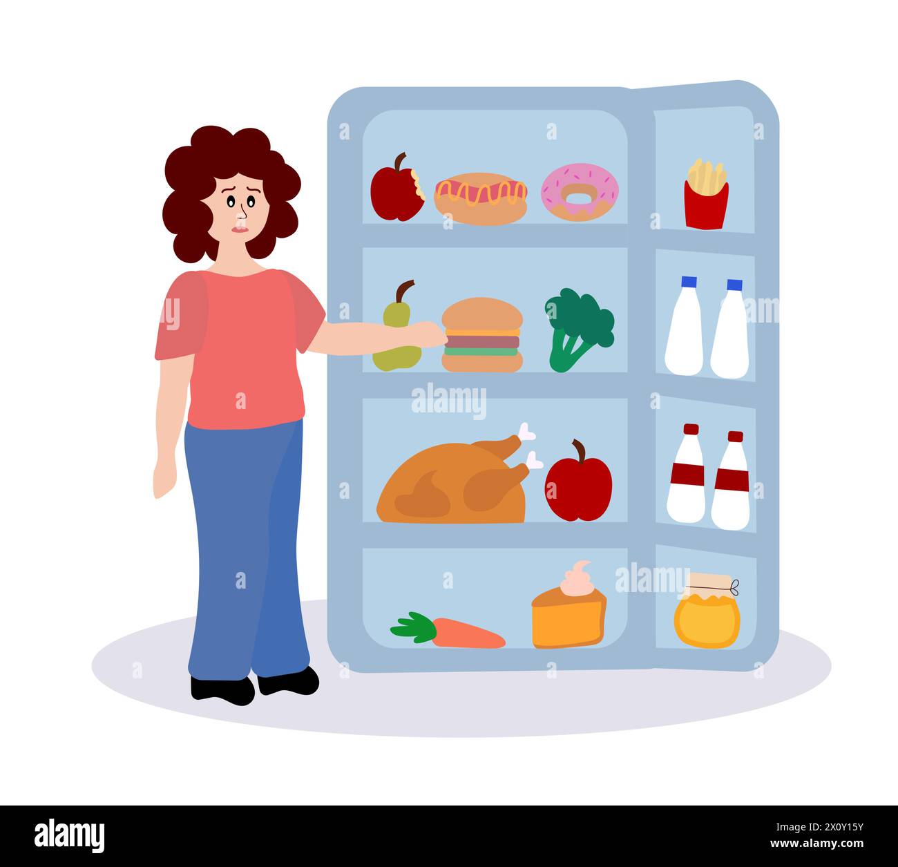 Eating disorder. Sad woman worries and eats from the refrigerator ...