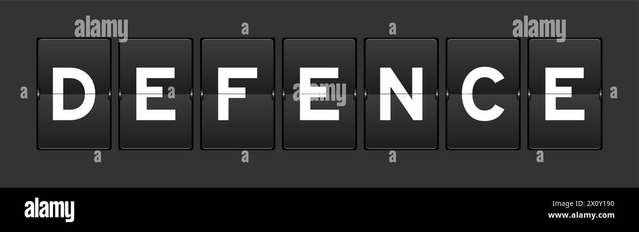 Black color analog flip board with word defence on gray background ...