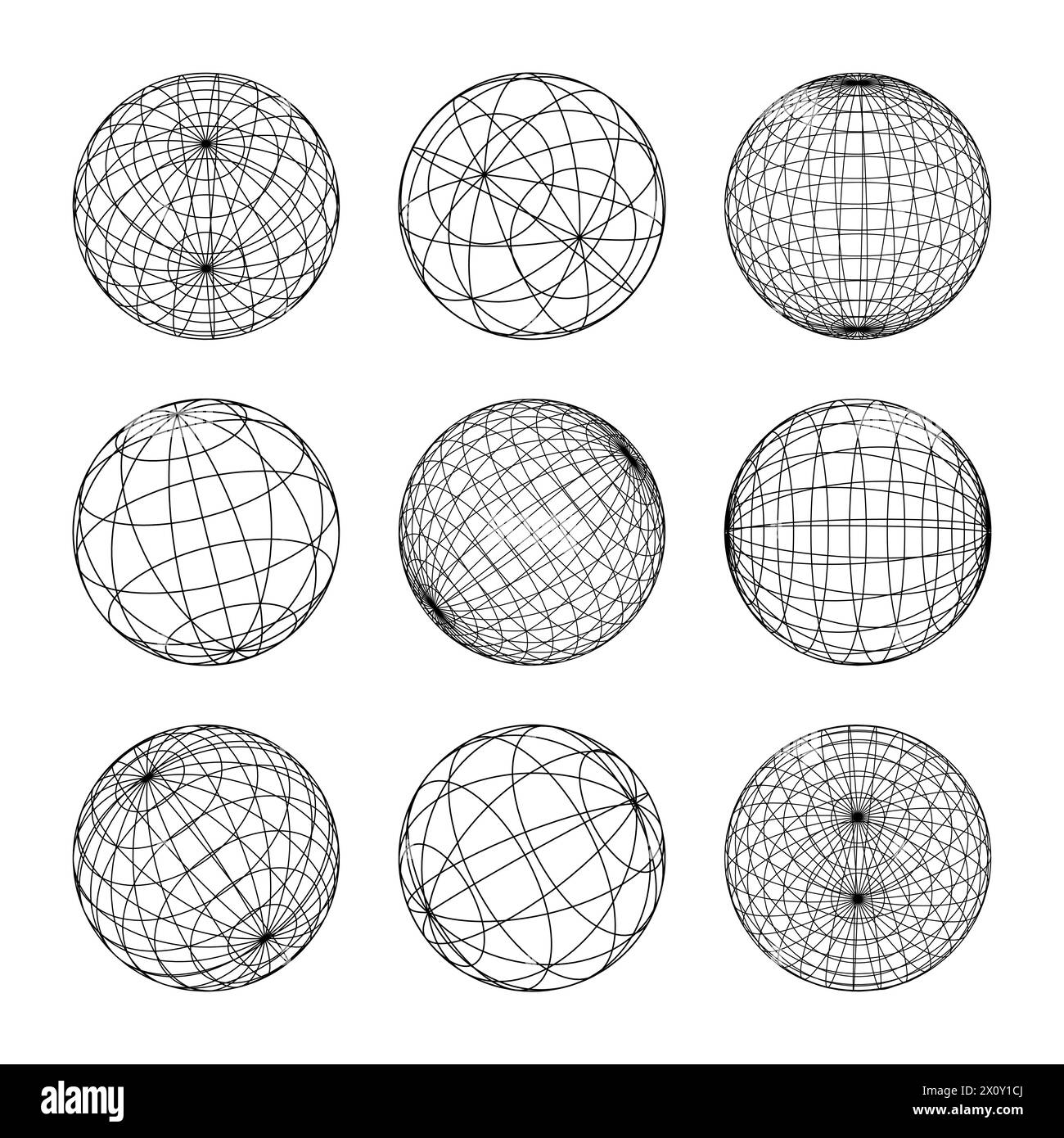 Wireframe shapes, lined sphere. Perspective mesh, 3d grid. Low poly ...