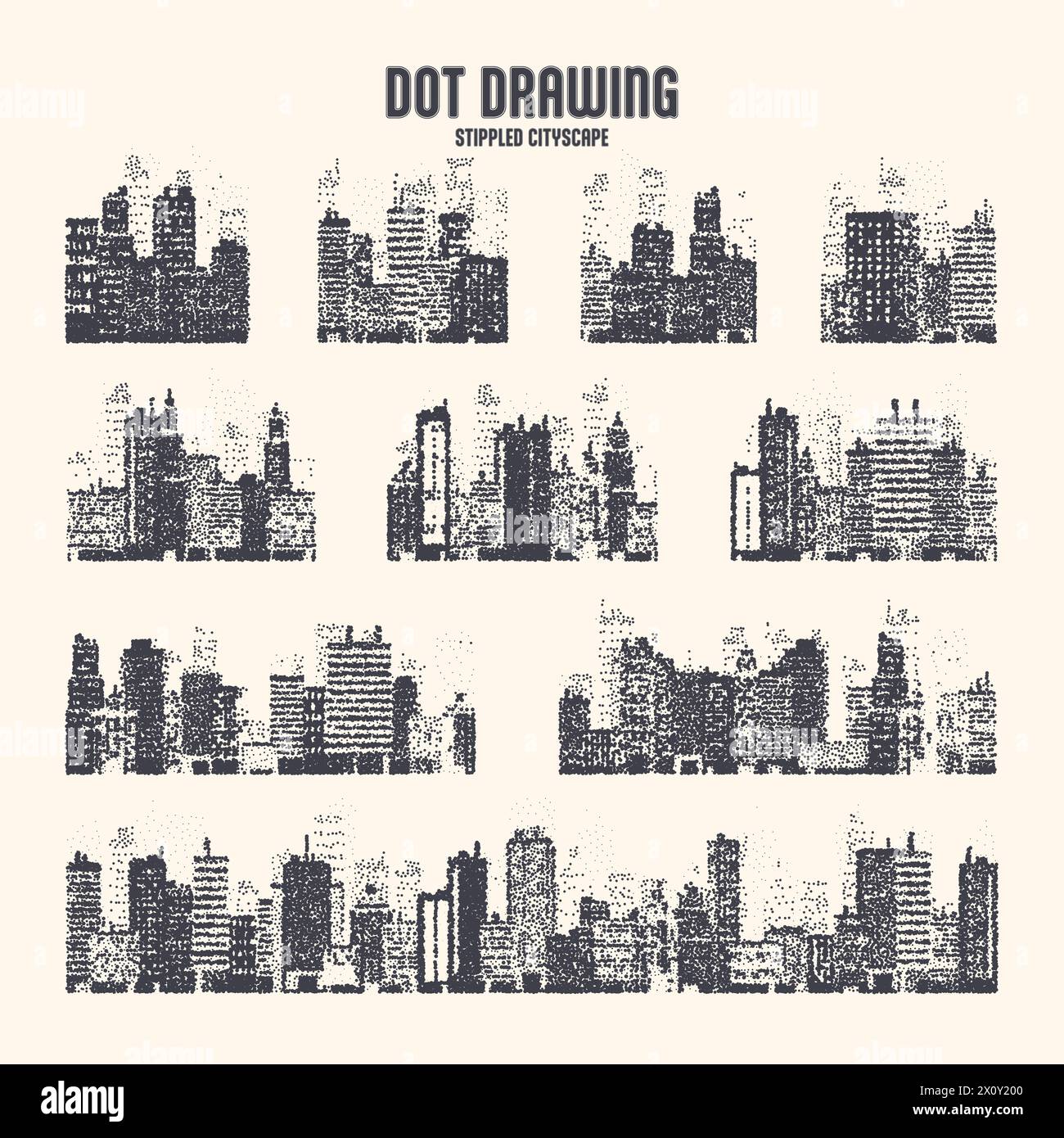 Stippled city silhouettes. Cityscape, town skyline. Midtown, downtown ...