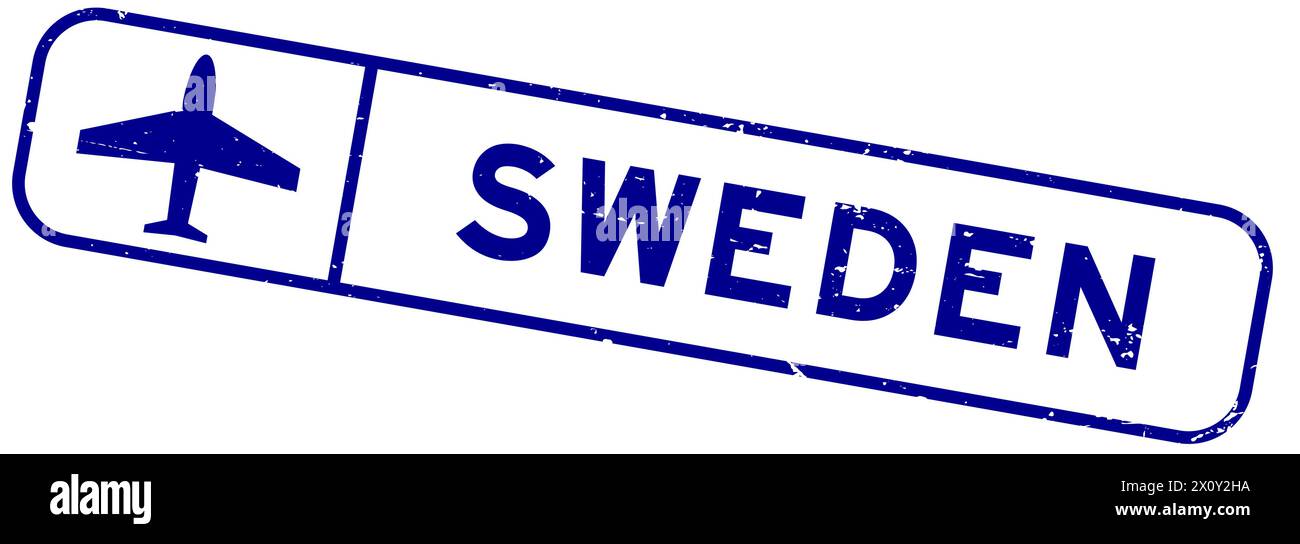 Grunge blue sweden word with plane icon square rubber seal stamp on ...