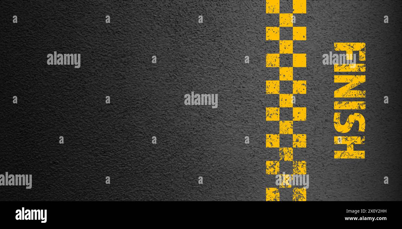 Asphalt road with yellow finish line marking, concrete highway surface ...
