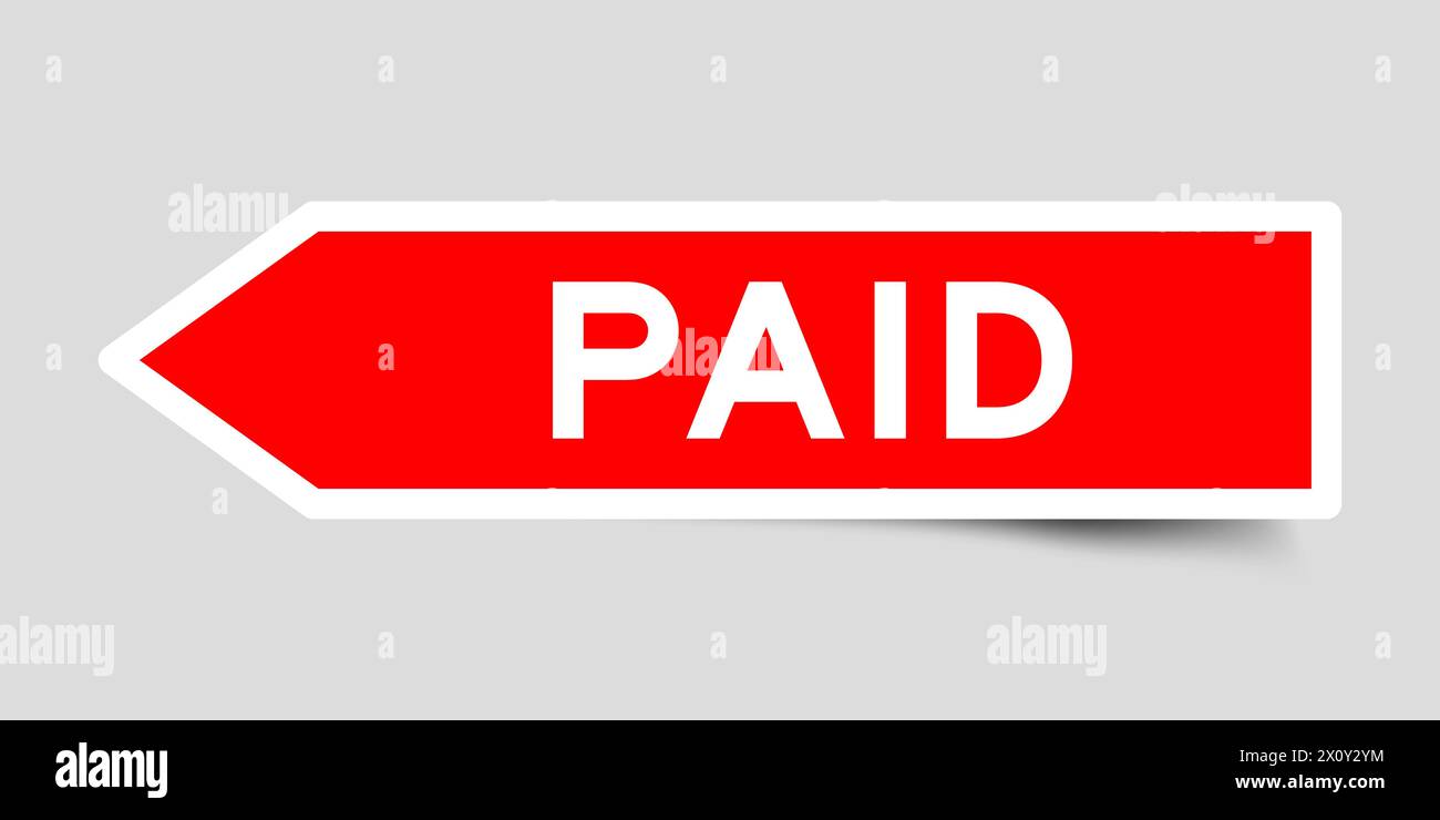 Red color arrow shape sticker label with word paid on gray background ...
