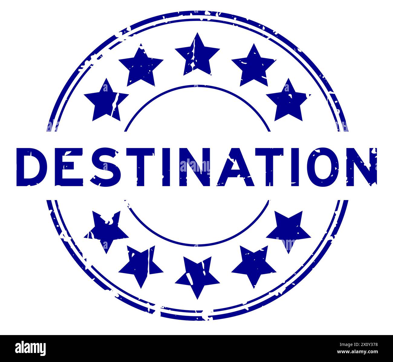 Grunge blue destination word round rubber seal stamp on white ...