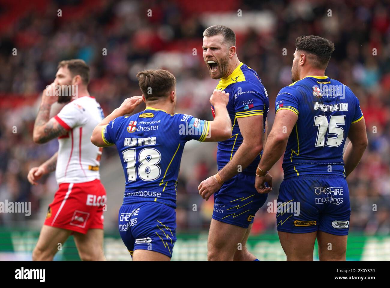 Warrington Wolves' Lachlan Fitzgibbon (second right) celebrates during ...