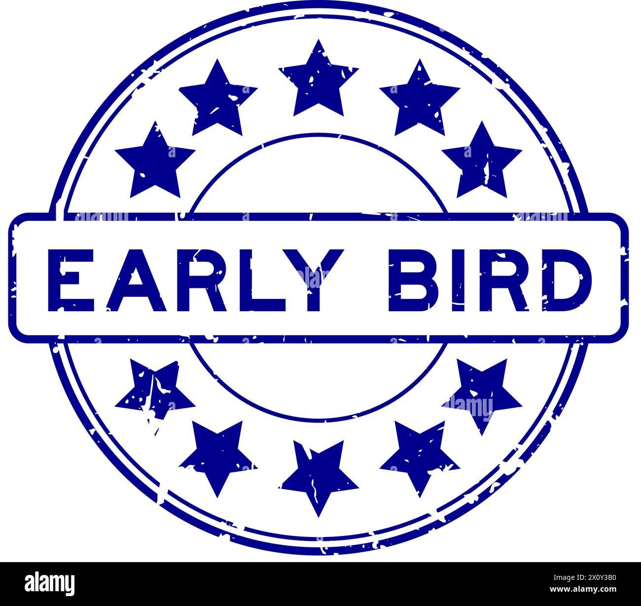 Grunge blue early bird word round rubber seal stamp on white background ...