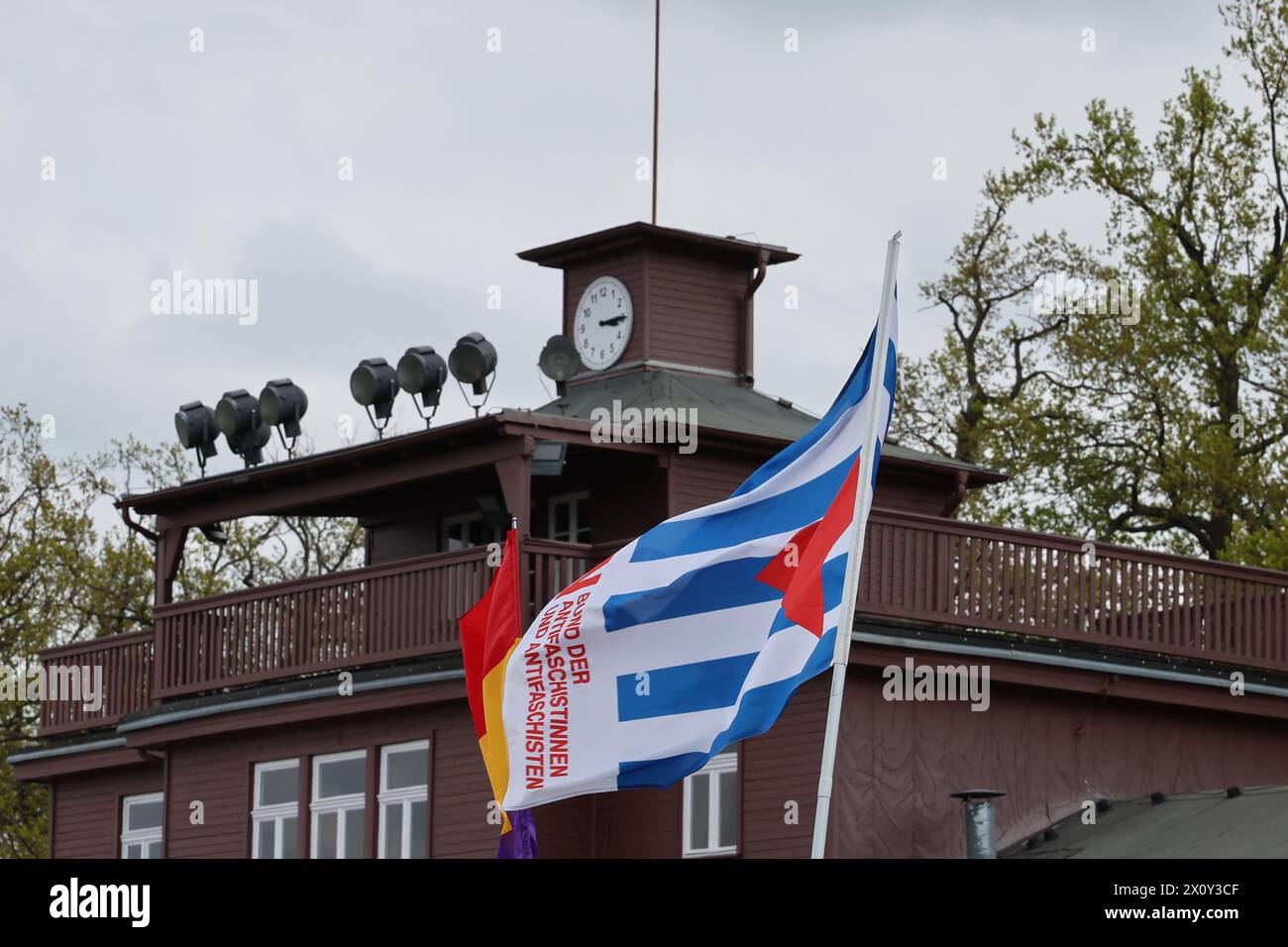 14 April 2024, Thuringia, Weimar: A flag flies in front of the former ...