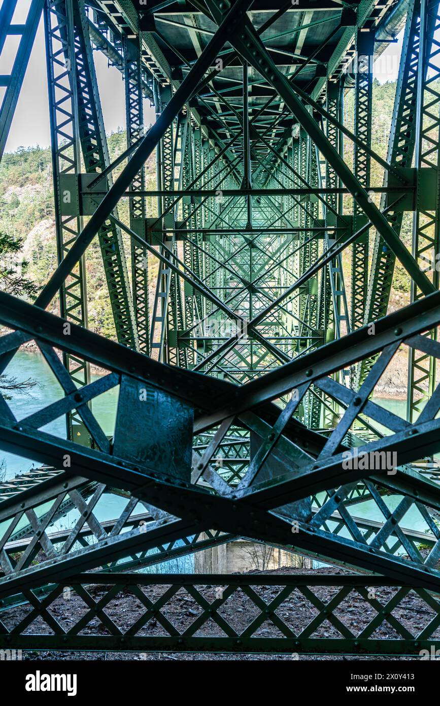 A view from under the bridge at Deception Pass in Washington State ...