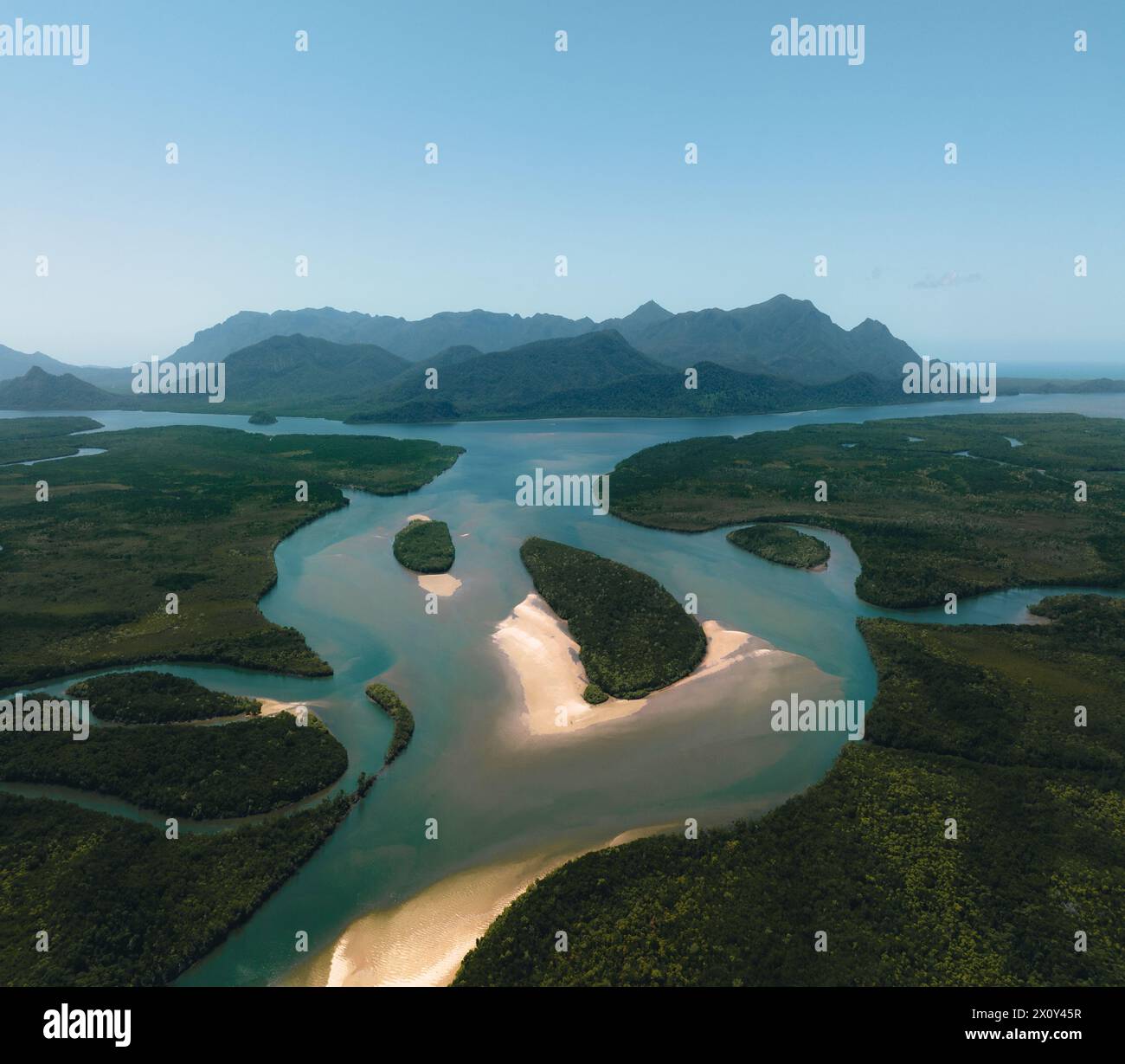 Aerial view of Mangroves in Hinchinbrook National Park. Mountains ...