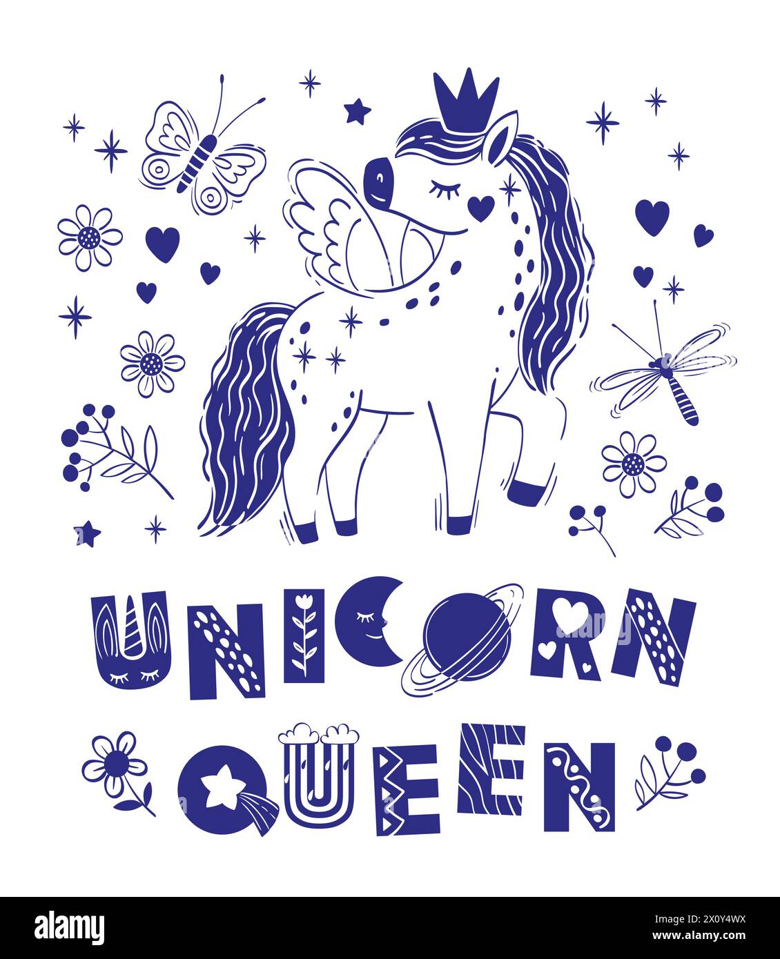 Cute little magical unicorn and short phrase unicorn queen. Vector hand ...