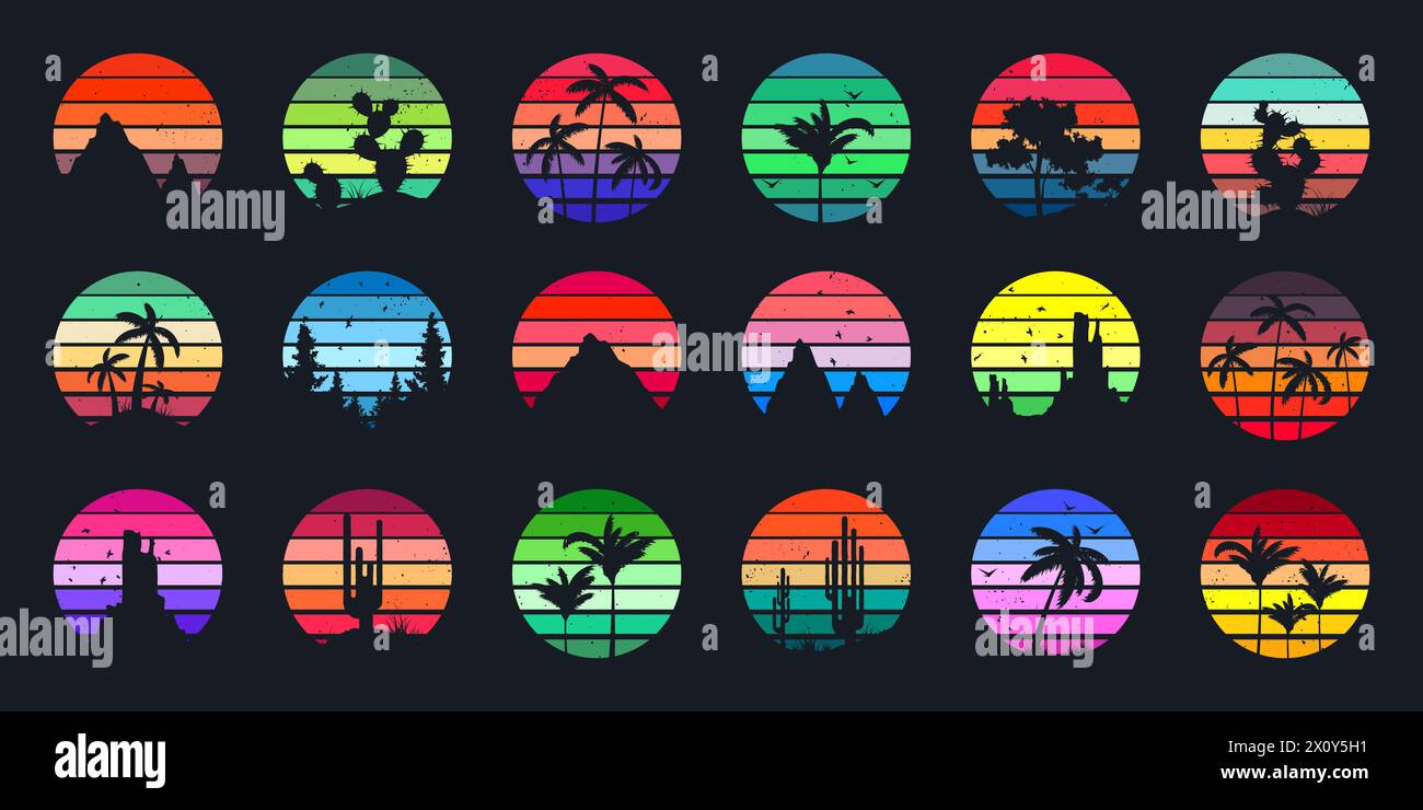 Grunge vintage sunset collection. Colorful striped sunrise badges in ...