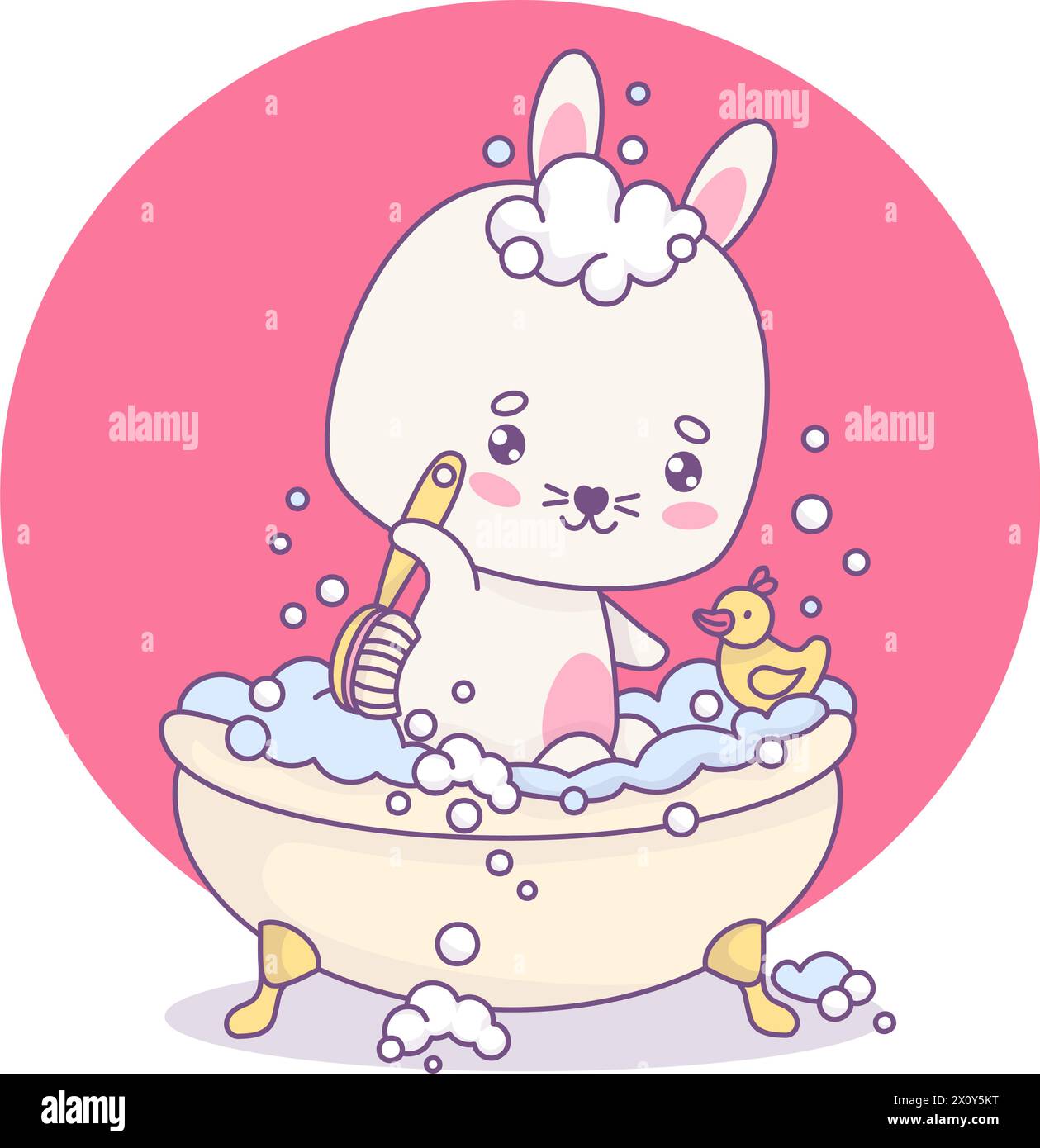 Cute rabbit in bubble bath washes his back with brush. Whimsical ...