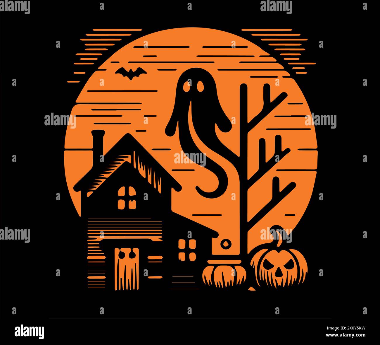 Set of Halloween silhouettes on an orange background. pattern and ...
