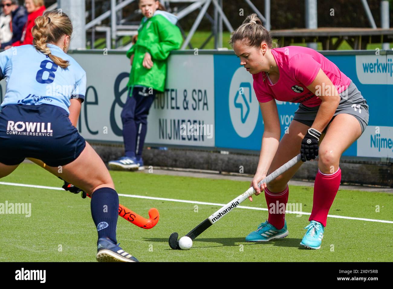 NIJMEGEN, NETHERLANDS - APRIL 14: Lise Bom of Ring Pass Delft, Elena Vos of NMHC Nijmegen during ...