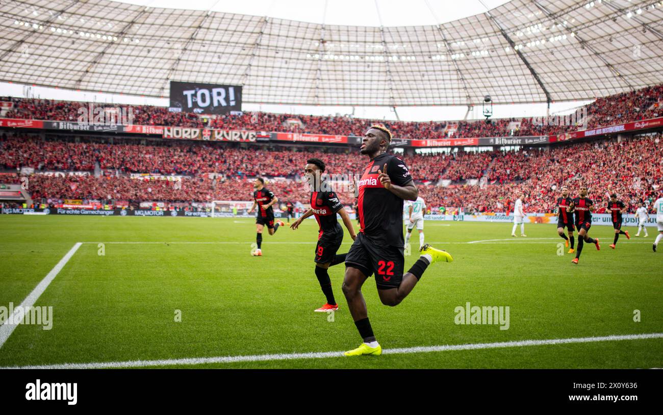 Leverkusen Germany. 14th Apr 2024. Torjubel:Victor Boniface (Leverkusen) Nathan Tella ...