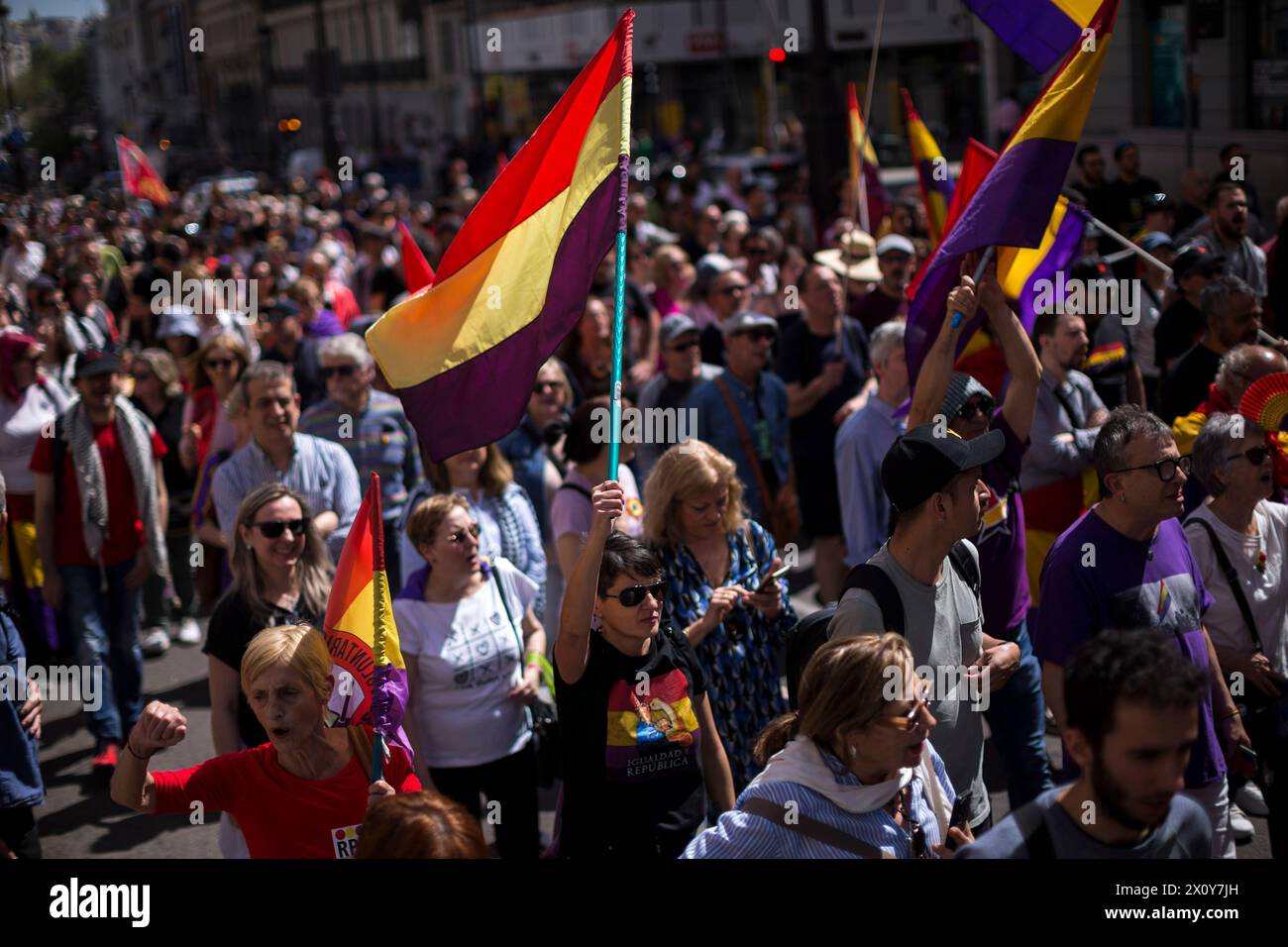 Madrid, Spain. 14th Apr, 2024. A crowd of demonstrators hold republican ...